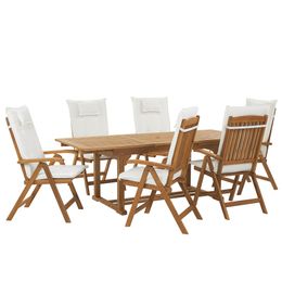 Beliani GARTENM&Ouml;BEL-SET 6-Sitzer Akazienholz Auflagen cremewei&szlig; Java