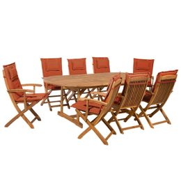 Beliani GARTENM&Ouml;BEL SET 8-Sitzer Akazienholz hellbraun Auflagen terracotta Maui