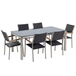 Beliani GARTENM&Ouml;BEL-SET 6-Sitzer Glasplatte schwarz Rattan schwarz Grosseto