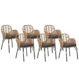 Beliani GARTENSTUHL 6er-Set PE Rattan Auflage graphitgrau Pratello