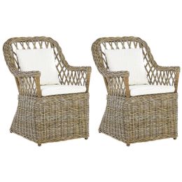 Beliani GARTENSESSEL 2er-SET Rattan nat&uuml;rlich Auflagen cremewei&szlig; Maros