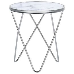 Beliani BEISTELLTISCH Marmor Optik wei&szlig;/silber 50 cm Meridian