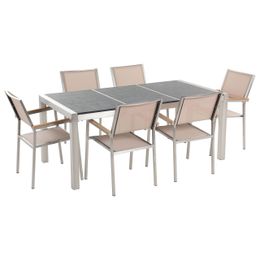 Beliani GARTENM&Ouml;BEL SET 6-Sitzer Naturstein schwarz geflammt beige Grosseto