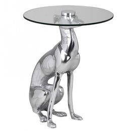 KADIMA DESIGN BEISTELLTISCH &ndash; Aluminium Glas Silber Skulptur Windhund 55x40 cm handgefertigt