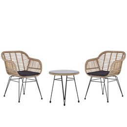 Beliani BALKONSET 2-Sitzer Rattan nat&uuml;rlich Auflagen schwarz Tropea II