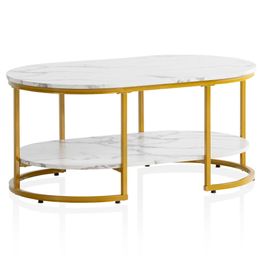 KADIMA DESIGN COUCHTISCH mit Marmor Optik, rechteckig, Ablage, goldenes Metallgestell, Wei&szlig; 100x60x45 cm