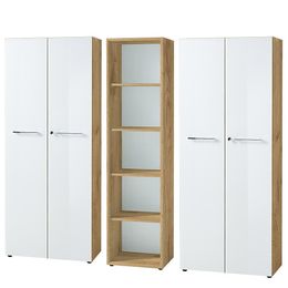 KADIMA DESIGN B&Uuml;RO-SET MUENCHEN 3-teilig | 240cm breit Glasfront | 2 Schrank Abschlie&szlig;bar & Regal | Chalet-Eiche-Nb./Wei&szlig;