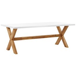 Beliani GARTENTISCH Faserzement wei&szlig;/heller Holzfarbton 200/100 cm Olbia