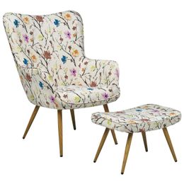 Beliani SESSEL Blumenmotiv cremewei&szlig; mit Hocker Vejle