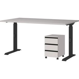 KADIMA DESIGN B&Uuml;ROM&Ouml;BEL Set 2-teilig | Schreibtisch 140x80cm & Rollcontainer Greige/Schwarz | Einstellbar 68-91 cm & Soft-Close