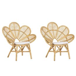Beliani RATTANSTUHL 2er-Set nat&uuml;rlich Auflage beige Pfauform Florentine