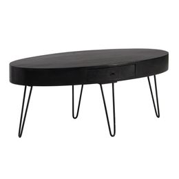 KADIMA DESIGN COUCHTISCH in Mango-Massivholz und Metall, 100x50x40 cm, Oval, mit Schublade, Stauraum und Haarnadelbeinen