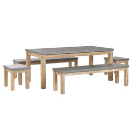 Beliani GARTENM&Ouml;BEL SET 8-Sitzer Beton/Akazienholz grau 2 B&auml;nke 2 Hocker Ostuni