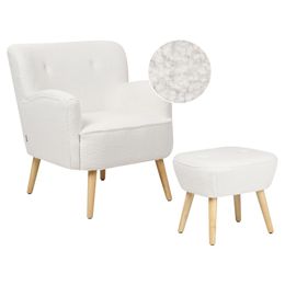Beliani SESSEL Boucl&eacute; wei&szlig;/hellbraun plus Hocker Tumba