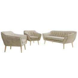 SITZGARNITUR PIRS 3+1+1 - Beige Velvet - Holzbeine
