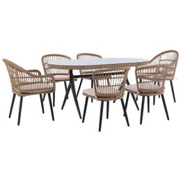 Beliani GARTENM&Ouml;BEL SET 6-Sitzer Rattan nat&uuml;rlich Auflagen rosa Aliano II