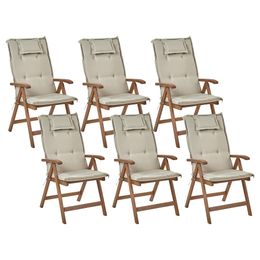 Beliani GARTENSTUHL 6er-Set Akazienholz dunkelbraun Auflagen taupe Amantea