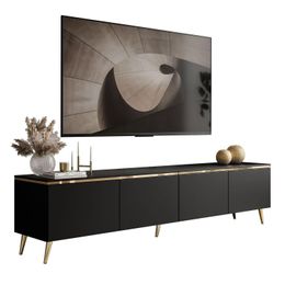 TV-SCHRANK CELINE 200 cm schwarz matt auf schr&auml;ge goldenen F&uuml;&szlig;en