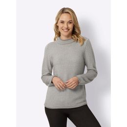 Stehkragenpullover Classic Basics "Stehkragen-Pullover", Damen, Gr. 38, grau (grau, ecru, geringelt), 100% Polyacryl, gemustert, mehrfarbig, Pullover Stehkragenpullover