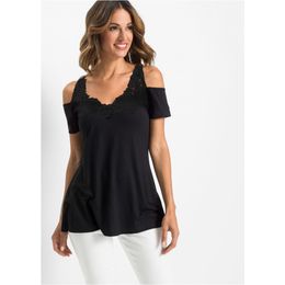 T-Shirt bonprix, Damen, Gr. 40/42 (M), schwarz, Jersey, Obermaterial: 95% Viskose, 5% Elasthan. Spitze: 100% Polyester, unifarben, bequem Po-bedeckend, tiefer Rundhals, mit Cut Outs, Shirts T-Shirt, bequeme Passform, Kurzarm, Cut-Outs, toller Spitzenbesatz