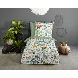 Kinderbettw&auml;sche Good Morning "Samba", gr&uuml;n, B/L: 135cm x 200cm, Renforc&eacute;, B/L: 80cm x 80cm, 2 Stk., Renforc&eacute;, Obermaterial: 100% Baumwolle, Bettw&auml;sche, 100% Baumwolle, 135x200, Rei&szlig;verschluss, Wendeoptik, Kind, Tier, Gr&uuml;n