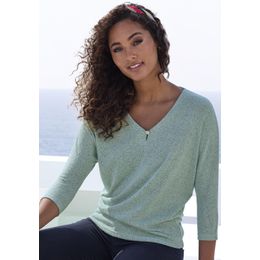 3/4-Arm-Shirt Lascana "mit Strassknopf in Bl&uuml;tenform", Damen, Gr. 36/38, gr&uuml;n (mint), Strick, Obermaterial: 85% Viskose (LENZING&trade; ECOVERO&trade;), 15% Polyester, Strukturmuster, unifarben, bequem, V-Ausschnitt, Shirts 3/4-Arm-Shirt, aus luftigem Feinstrick in Melange Optik