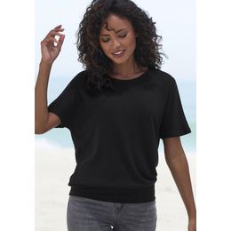 Kurzarmshirt Vivance "mit breitem Bund", Damen, Gr. 32/34, schwarz, Feinstrick, Obermaterial: 55% Polyester (REPREVE), 43% Viskose, 2% Elasthan, meliert, bequem normal, Rundhals, Shirts, aus luftigem Viskose-Feinstrick