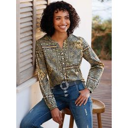 Langarmbluse Heine, Damen, Gr. 50, khaki, camel, bedruckt, 97% Baumwolle, 3% Elasthan, bedruckt, gebl&uuml;mt, gemustert, mehrfarbig, Rundhals, Blusen