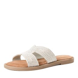Pantolette Tamaris, Damen, Gr. 39, silberfarben, Ziegenleder, Glitzer, Schuhe Pantolette, Sommerschuh, Schlupfschuh, Flats mit Schmucksteine