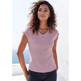 Kurzarmshirt Lascana "mit Strassknopf in Bl&uuml;tenform", Damen, Gr. 48/50, lila (flieder), Strick, Obermaterial: 85% Viskose (LENZING&trade; ECOVERO&trade;), 15% Polyester, Strukturmuster, unifarben, bequem, V-Ausschnitt, Shirts, aus luftigem Feinstrick in Melange Optik