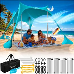 ELONEO Strandzelt, Sonnensegel Strand 300x300x200 cm, LSF 50+, Sonnenschutz f&uuml;r Strand mit Sandschaufel, Heringen und 4 Stabilit&auml;tsstangen, 8 Personen, T&uuml;rkis