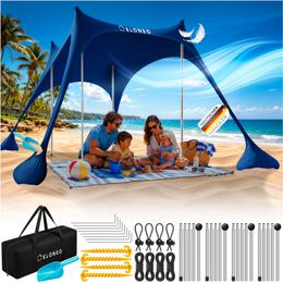 ELONEO Strandzelt, Sonnensegel Strand 300x300x200 cm, LSF 50+, Sonnenschutz f&uuml;r Strand mit Sandschaufel, Heringen und 4 Stabilit&auml;tsstangen, 8 Personen, Navy