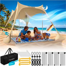 ELONEO Strandzelt, Sonnensegel Strand 300x300x200 cm, LSF 50+, Sonnenschutz f&uuml;r Strand mit Sandschaufel, Heringen und 4 Stabilit&auml;tsstangen, 8 Personen, Creme
