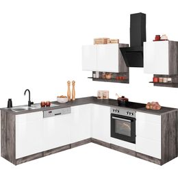 Winkelk&uuml;che KOCHSTATION "K&uuml;chen, K&uuml;chenschr&auml;nke, K&uuml;chenzeilen, K&uuml;che, Zeile, Einbauk&uuml;che", wei&szlig; (k&uuml;che: wei&szlig;, front: wei&szlig; hochglanz, korpus: eiche vintage, arbeitsplatte: eiche vintage), B:220cm H:200cm T:60cm, Komplettk&uuml;chen-Sets, Stellbreite 220/220 cm, wahlweise mit E-Ger&auml;ten