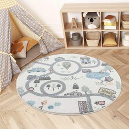 Kinderteppich Carpet City "Anime9376", beige (creme), H:11mm &Oslash;:120cm, Polypropylen (PP), Teppiche, Spielteppich, Stra&szlig;en-Spiel-Teppich, Auto, Weicher Flor, Pflegeleicht, Kinderzimmer