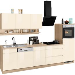 K&uuml;chenzeile KOCHSTATION "K&uuml;chen, K&uuml;chenschr&auml;nke, K&uuml;chenzeilen, K&uuml;che, Zeile, Einbauk&uuml;che", beige (k&uuml;che: natur, front: creme hochglanz, korpus: eiche sonoma, arbeitsplatte: eiche sonoma), B:300cm H:200cm T:60cm, Komplettk&uuml;chen-Sets, K&uuml;chenzeile, Breite 300 cm, wahlweise mit E-Ger&auml;ten
