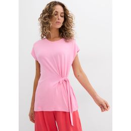 T-Shirt bonprix, Damen, Gr. 40/42 (M), pink (rosa), Obermaterial: 95% Viskose, 5% Elasthan, bequem, Shirts T-Shirt, aus Viskose-Elasthan-Mischung, mit Bindeband in der Taille, &auml;rmellos