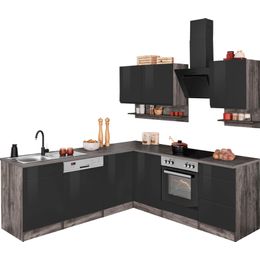 Winkelk&uuml;che KOCHSTATION "K&uuml;chen, K&uuml;chenschr&auml;nke, K&uuml;chenzeilen, K&uuml;che, Zeile, Einbauk&uuml;che", schwarz (k&uuml;che: schwarz, front: schwarz hochglanz, korpus: eiche vintage, arbeitsplatte: eiche vintage), B:220cm H:200cm T:60cm, Komplettk&uuml;chen-Sets, Stellbreite 220/220 cm, wahlweise mit E-Ger&auml;ten