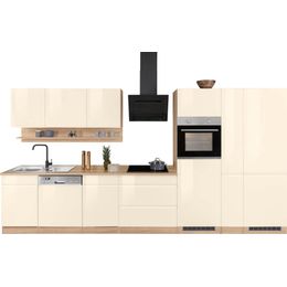 K&uuml;chenzeile KOCHSTATION "K&uuml;chen, K&uuml;chenschr&auml;nke, K&uuml;chenzeilen, K&uuml;che, Zeile, Einbauk&uuml;che", beige (k&uuml;che: natur, front: creme hochglanz, korpus: eiche sonoma, arbeitsplatte: eiche sonoma), B:390cm T:60cm, Komplettk&uuml;chen-Sets, K&uuml;chenzeile, Breite 390 cm, ohne E-Ger&auml;te