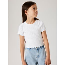 Kurzarmshirt name it "NKFNORALINA SS CROP TOP NOOS", M&auml;dchen, Gr. 122 (128), wei&szlig; (hellwei&szlig; (blank)), Jersey, Obermaterial: 95% Baumwolle, 5% Elasthan, unifarben, regular fit normal, Rundhals, gewellter Abschluss, Shirts, Baumwollmischung mit Stretch, gewellte Abschl&uuml;sse