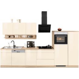 K&uuml;chenzeile KOCHSTATION "K&uuml;chen, K&uuml;chenschr&auml;nke, K&uuml;chenzeilen, K&uuml;che, Zeile, Einbauk&uuml;che", beige (k&uuml;che: natur, front: hochglanz creme, korpus: eiche sonoma, arbeitsplatte: eiche sonoma), B:350cm T:60cm, Komplettk&uuml;chen-Sets, K&uuml;chenzeile, Breite 350 cm, mit Glaskeramik-oder Induktionskochfeld