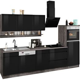 K&uuml;chenzeile KOCHSTATION "K&uuml;chen, K&uuml;chenschr&auml;nke, K&uuml;chenzeilen, K&uuml;che, Zeile, Einbauk&uuml;che", schwarz (k&uuml;che: schwarz, front: schwarz hochglanz, korpus: eiche vintage, arbeitsplatte: eiche vintage), B:300cm H:200cm T:60cm, Komplettk&uuml;chen-Sets, K&uuml;chenzeile, Breite 300 cm, wahlweise mit E-Ger&auml;ten