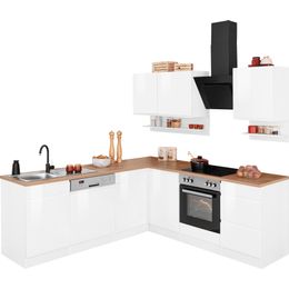 Winkelk&uuml;che KOCHSTATION "K&uuml;chen, K&uuml;chenschr&auml;nke, K&uuml;chenzeilen, K&uuml;che, Zeile, Einbauk&uuml;che", wei&szlig; (k&uuml;che: wei&szlig;, front: wei&szlig; hochglanz, korpus: wei&szlig;, arbeitsplatte: wotaneichefarben), B:220cm H:200cm T:60cm, Komplettk&uuml;chen-Sets, Stellbreite 220/220 cm, wahlweise mit E-Ger&auml;ten