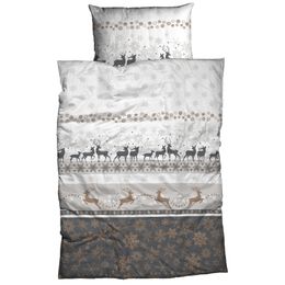 Bettw&auml;sche CASATEX "Winterworld", grau (wei&szlig;, anthrazit), B/L: 135cm x 200cm, 1 Stk., 1 Stk., Biber, B/L: 80cm x 80cm, 2 Stk., Biber, Obermaterial: 100% Baumwolle, Bettw&auml;sche, Bettw&auml;sche, Hirschmotive, Schneekristalle, kuschelig