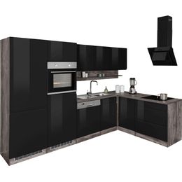 Winkelk&uuml;che KOCHSTATION "K&uuml;chen, K&uuml;chenschr&auml;nke, K&uuml;chenzeilen, K&uuml;che, Zeile, Einbauk&uuml;che", schwarz (k&uuml;che: schwarz, front: schwarz hochglanz, korpus: eiche vintage, arbeitsplatte: eiche vintage), B:290cm H:200cm T:60cm, Komplettk&uuml;chen-Sets, Stellbreite 290/180 cm, ohne E-Ger&auml;te