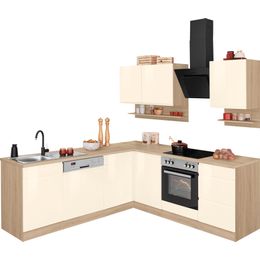 Winkelk&uuml;che KOCHSTATION "K&uuml;chen, K&uuml;chenschr&auml;nke, K&uuml;chenzeilen, K&uuml;che, Zeile, Einbauk&uuml;che", beige (k&uuml;che: natur, front: creme hochglanz, korpus: eiche sonoma, arbeitsplatte: eiche sonoma), B:220cm H:200cm T:60cm, Komplettk&uuml;chen-Sets, Stellbreite 220/220 cm, wahlweise mit E-Ger&auml;ten