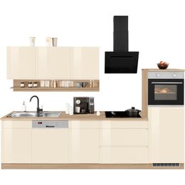 K&uuml;chenzeile KOCHSTATION "K&uuml;chen, K&uuml;chenschr&auml;nke, K&uuml;chenzeilen, K&uuml;che, Zeile, Einbauk&uuml;che", beige (k&uuml;che: natur, front: creme hochglanz, korpus: eiche sonoma, arbeitsplatte: eiche sonoma), B:300cm T:60cm, Komplettk&uuml;chen-Sets, K&uuml;chenzeile, Breite 300 cm, wahlweise mit E-Ger&auml;ten