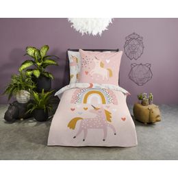 Kinderbettw&auml;sche Good Morning "Unilove", rosa, B/L: 135cm x 200cm, 1 Stk., 1 Stk., Renforc&eacute;, B/L: 80cm x 80cm, 2 Stk., Renforc&eacute;, Obermaterial: 100% Baumwolle, Bettw&auml;sche, Baumwolle, 135x200, Rei&szlig;verschluss, Wende, Kind M&auml;dchen, Einhorn, Rosa