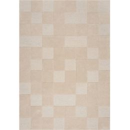 Teppich FLAIR RUGS "CHECKERBOARD", beige (natur), B:120cm H:10mm L:170cm, Wolle, Teppiche, Teppich, Hoch-Tief-Effekt, Wohnzimmer, Schlafzimmer