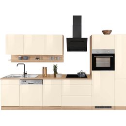 K&uuml;chenzeile KOCHSTATION "K&uuml;chen, K&uuml;chenschr&auml;nke, K&uuml;chenzeilen, K&uuml;che, Zeile, Einbauk&uuml;che", beige (k&uuml;che: natur, front: creme hochglanz, korpus: eiche sonoma, arbeitsplatte: eiche sonoma), B:330cm H:200cm T:60cm, Komplettk&uuml;chen-Sets, K&uuml;chenzeile, Breite 330 cm, mit E-Ger&auml;ten